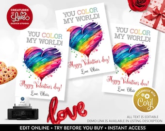 Printable Rainbow Valentine's Day Card You Color My World Valentine's ...