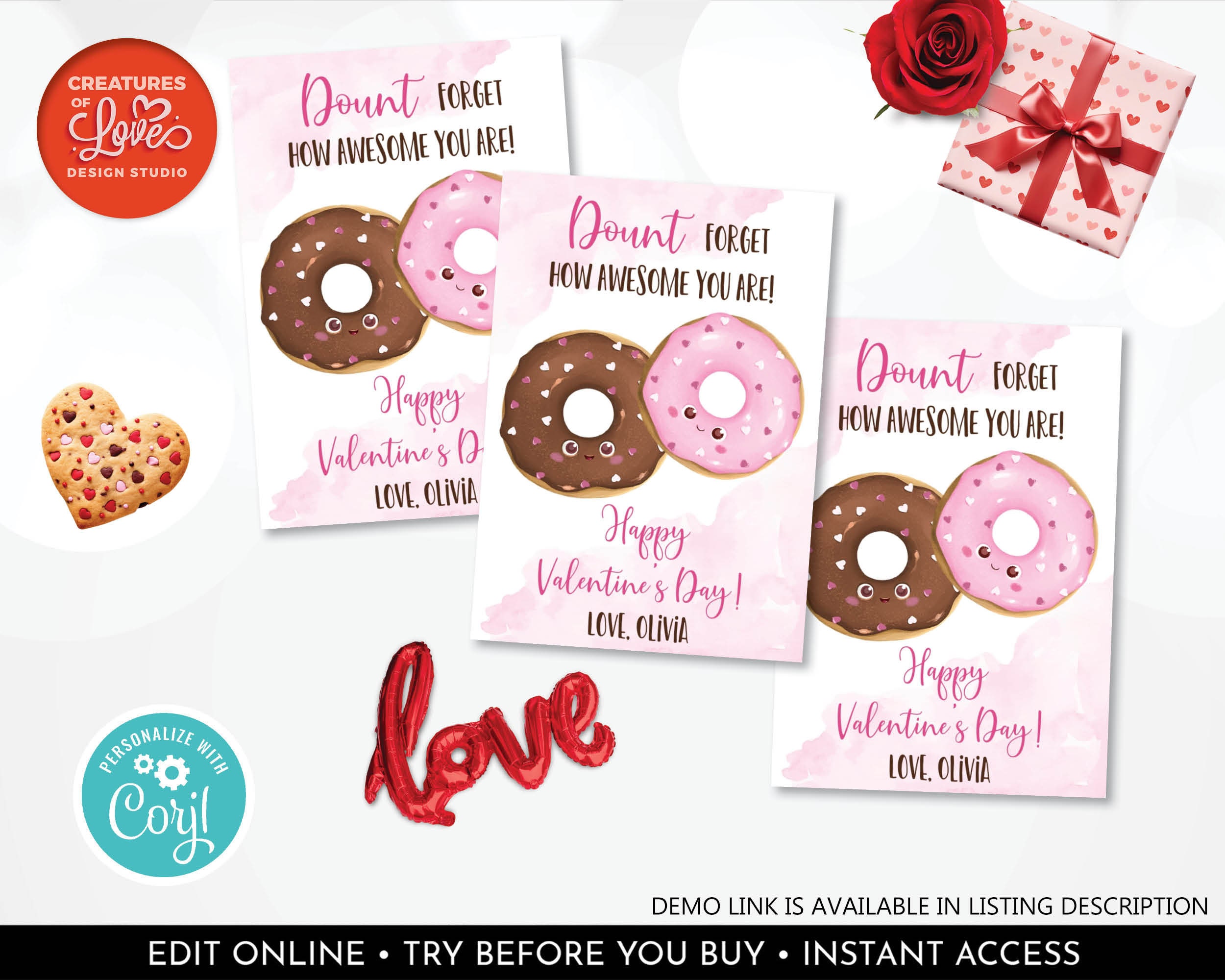Printable Donuts Valentine Cards Donuts Valentine Tag Valentine's Day ...