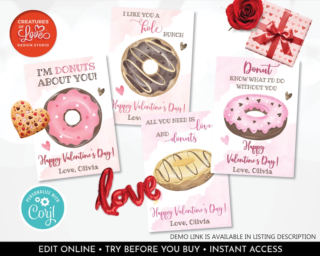 Printable Donut Valentine Cards Donuts Valentine Tag Valentine's Day ...