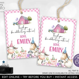 Editable Farm Favor Tag Barnyard Party Animals Pink Barn Gingham Thank ...