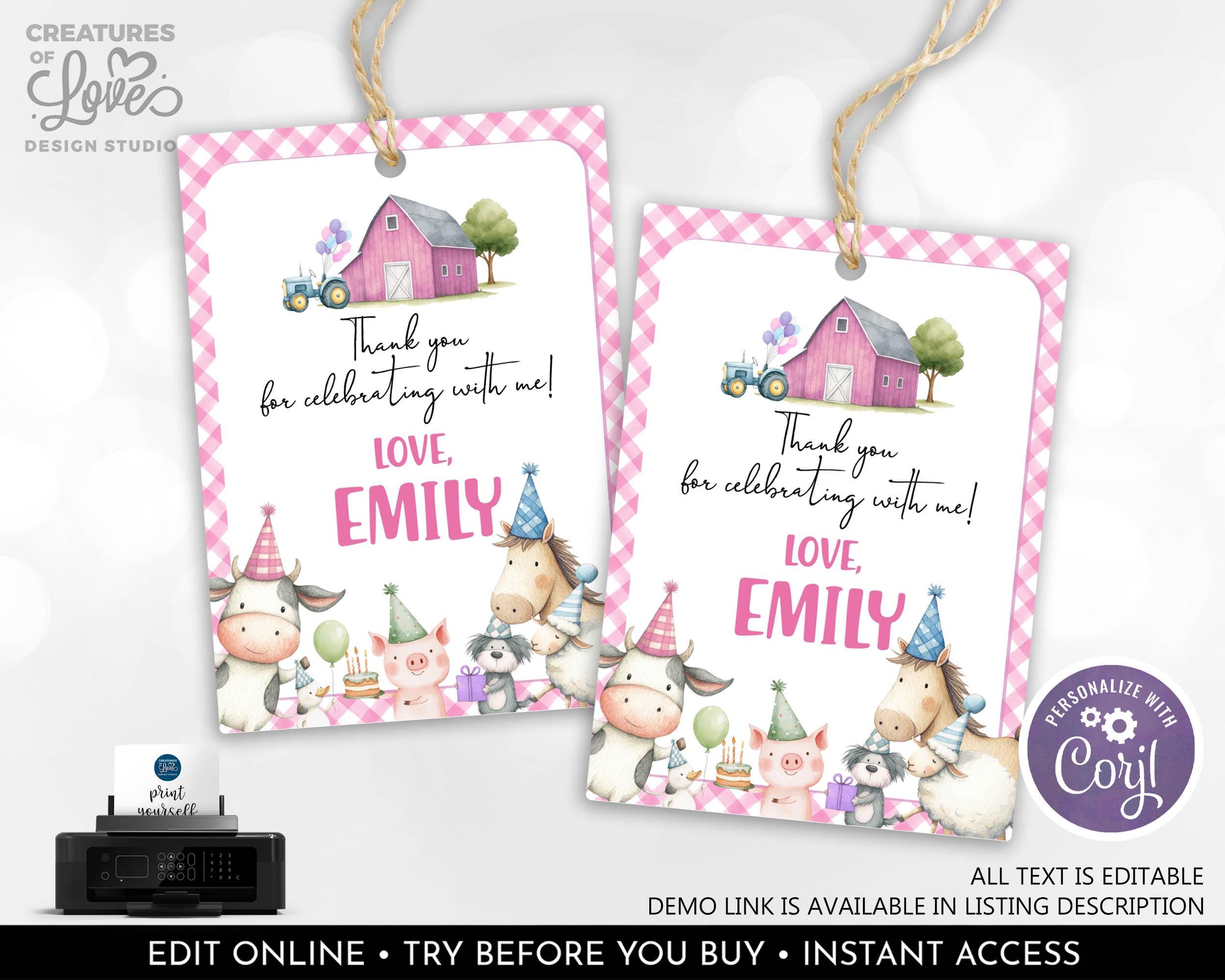 Editable Farm Favor Tag Barnyard Party Animals Pink Barn Gingham Thank ...