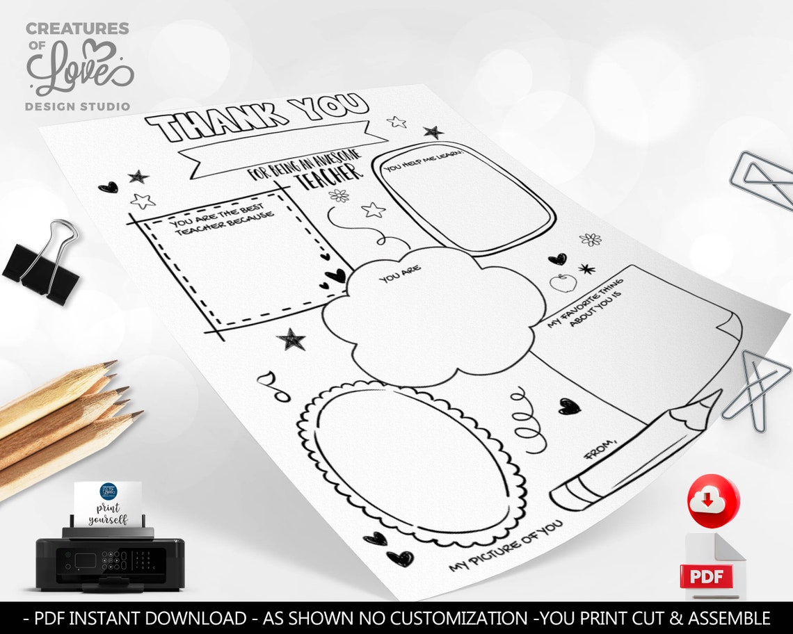 Teacher Appreciation Coloring Page End of the Year Teacher Gift School ...