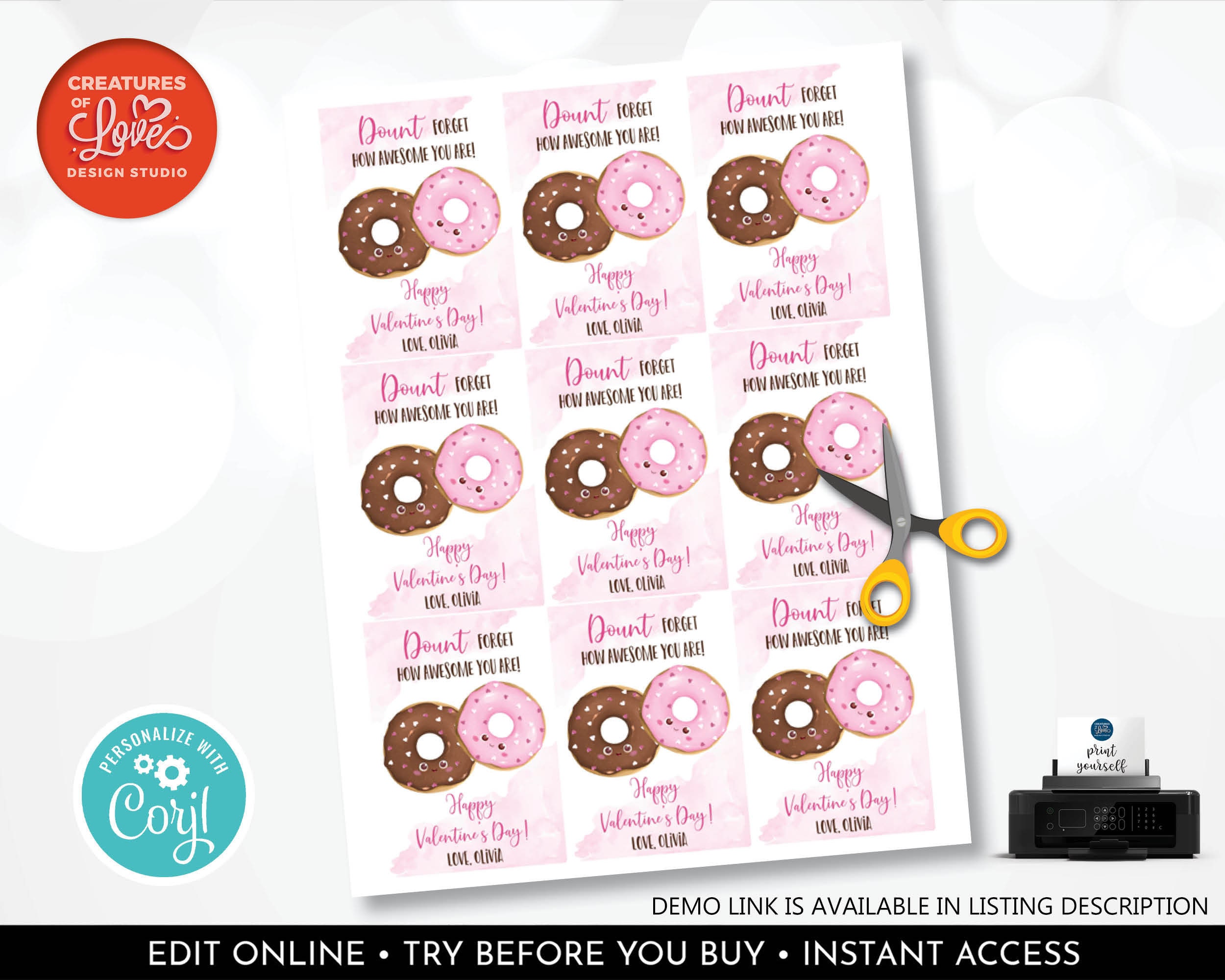 Printable Donuts Valentine Cards Donuts Valentine Tag Valentine's Day ...
