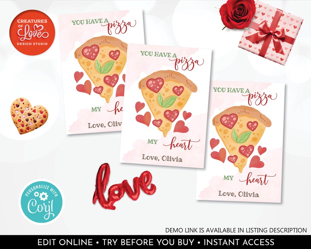 Editable Valentines Day Pizza Card You Have a Pizza My Heart Kids Cards ...