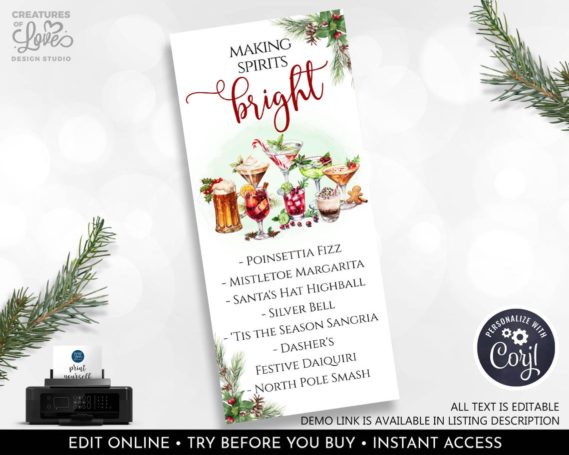 Editable Christmas Cocktail Menu Making Spirits Bright Drinks Menu ...