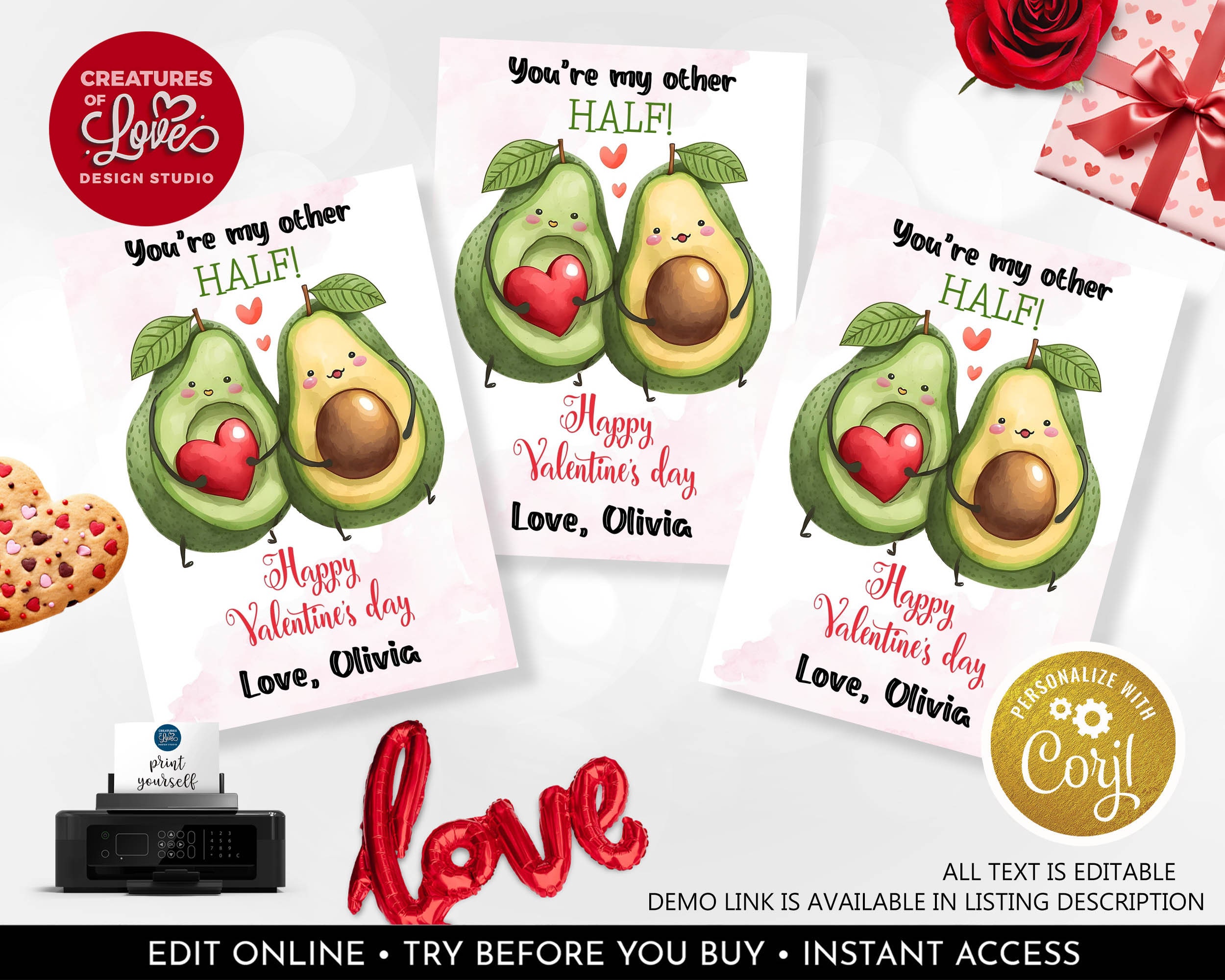 Editable Valentines Day Card Cute Avocado Valentine's Day Kids Cards ...
