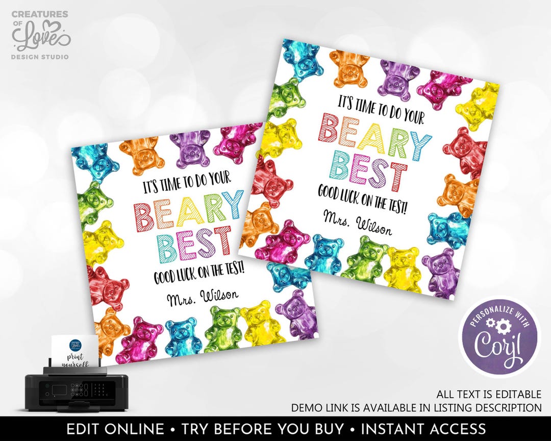 Editable Good Luck Test Day Tag Gummy Bears Treat Tags Teacher School ...