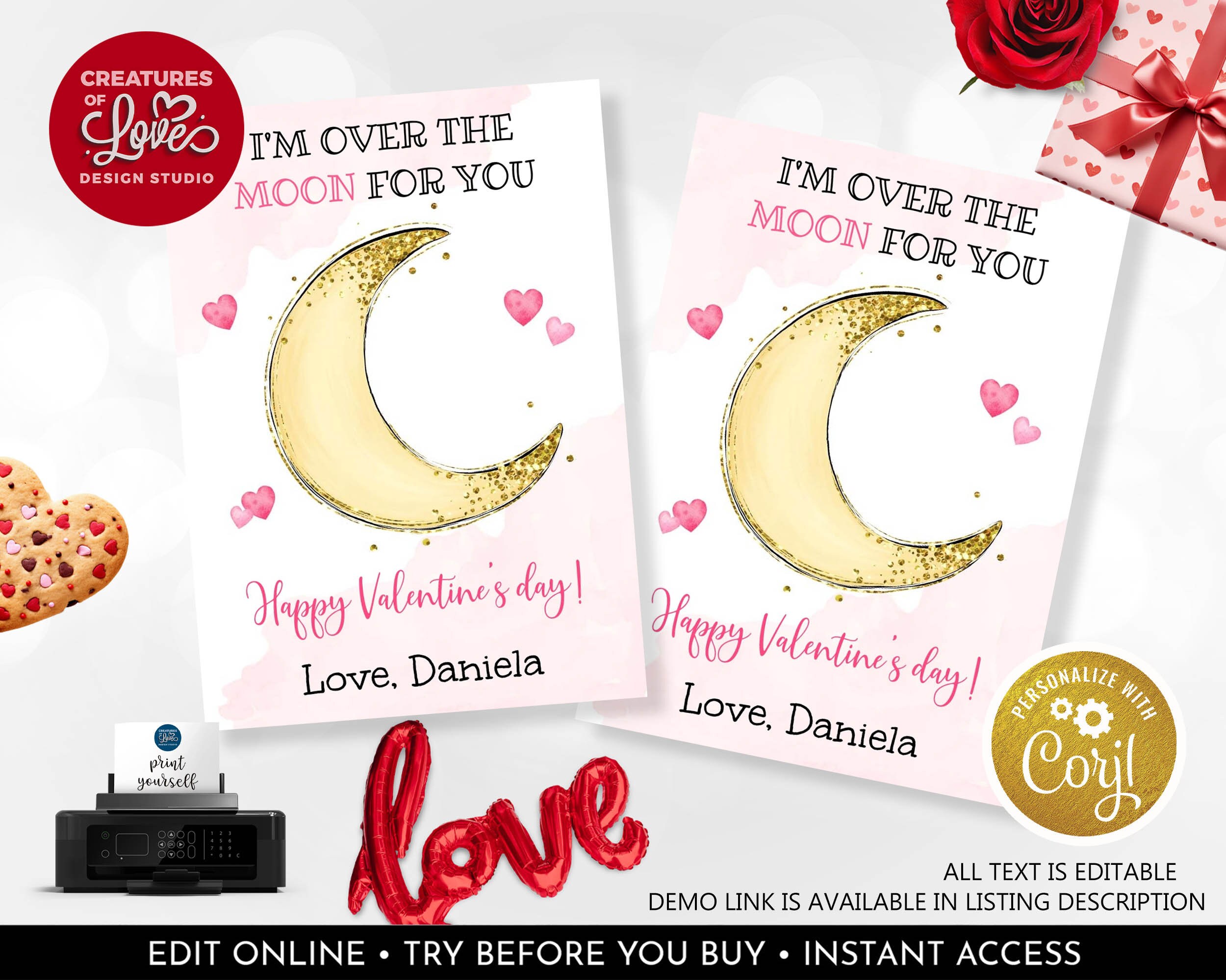 Moon Valentine's Day Cards I'm Over the Moon for You Valentines School ...