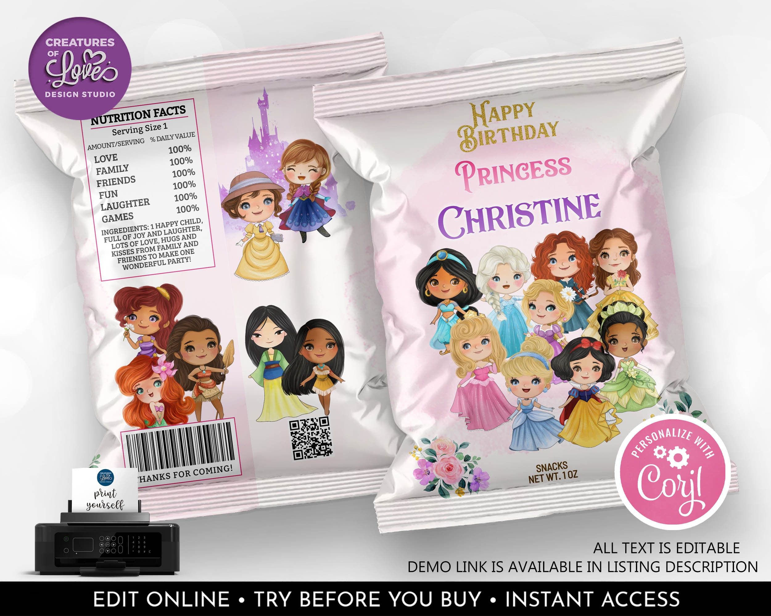 Princess Chip Bag Wrapper Editable Princess Princess Chip Bag Template ...