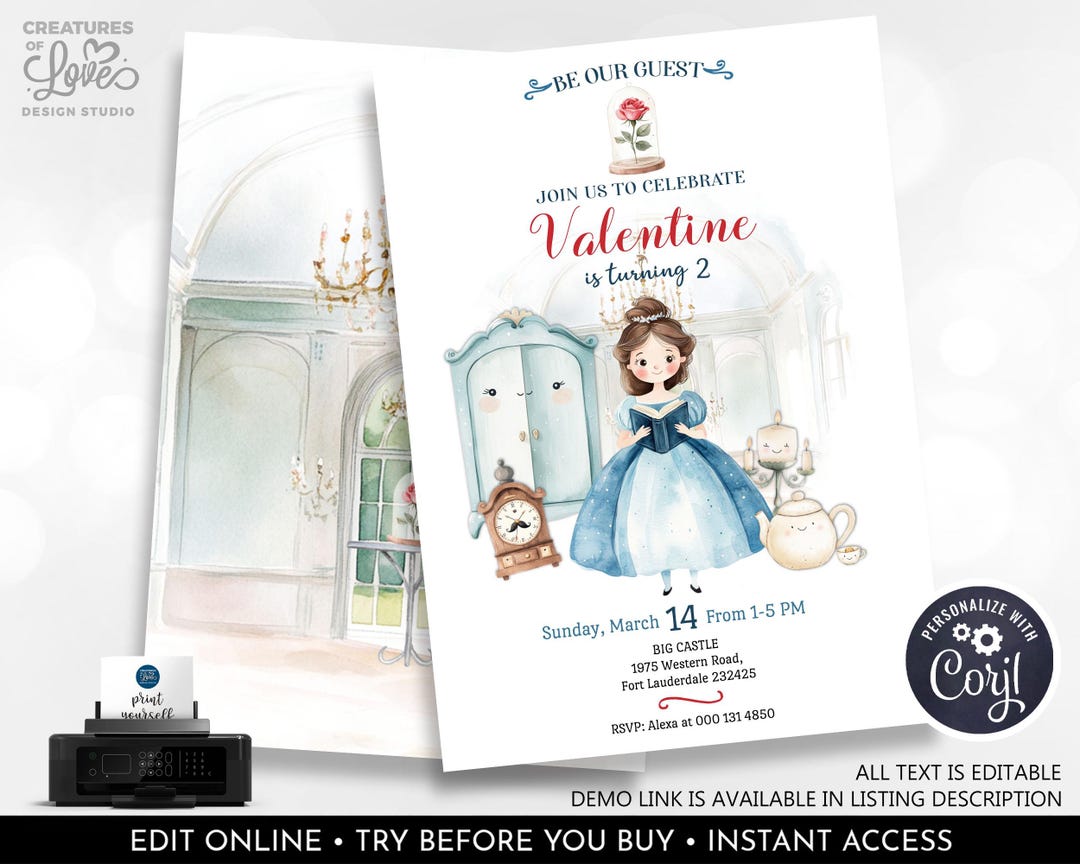 Beauty and the Beast Invitation Editable Princess Belle Birthday Party ...