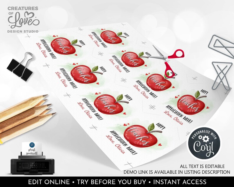 EDITABLE Teacher Appreciation Gift Tag Apple Favor Tag School Employee ...