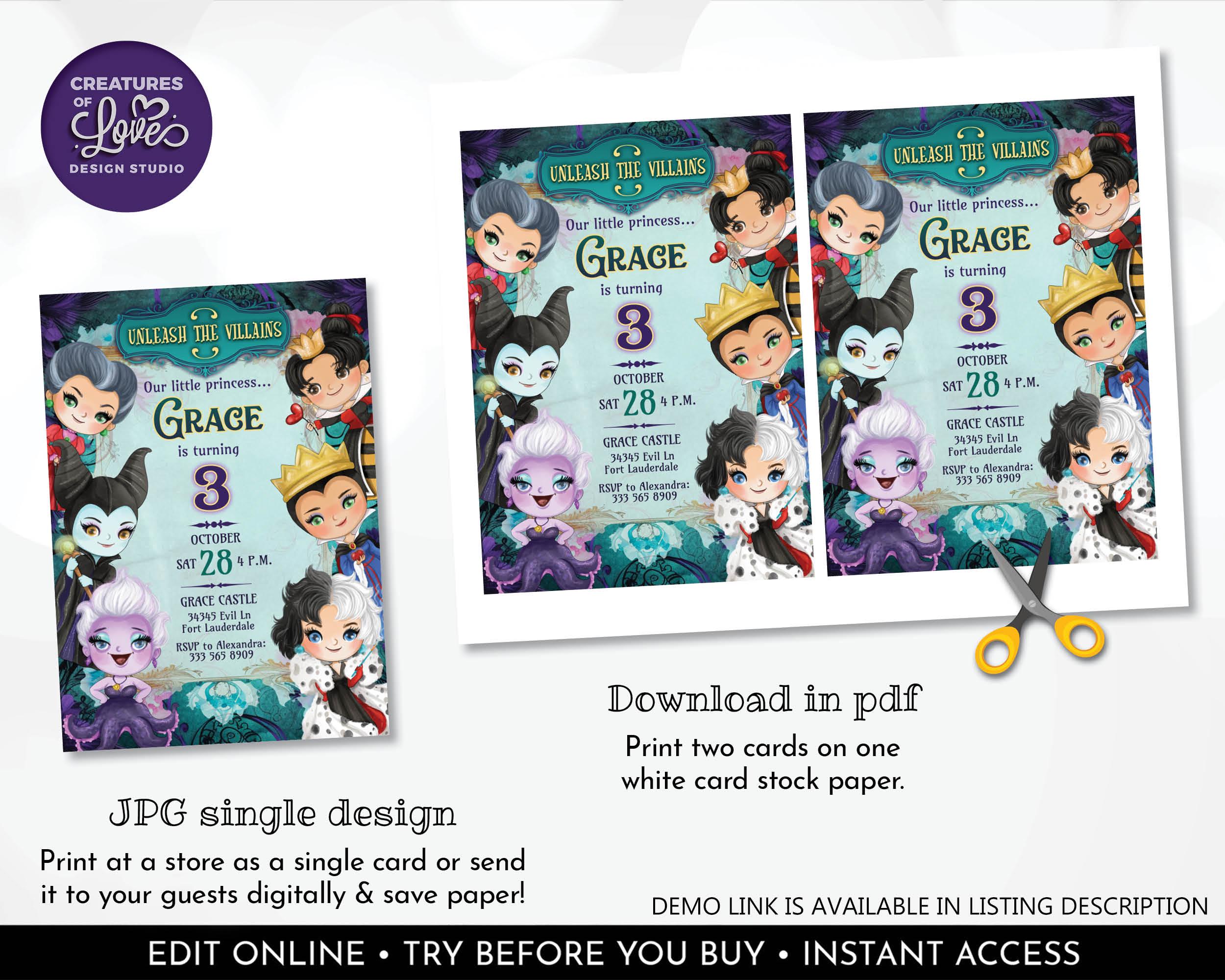 Villains Invitation Editable Villains Birthday Party Witches Halloween ...