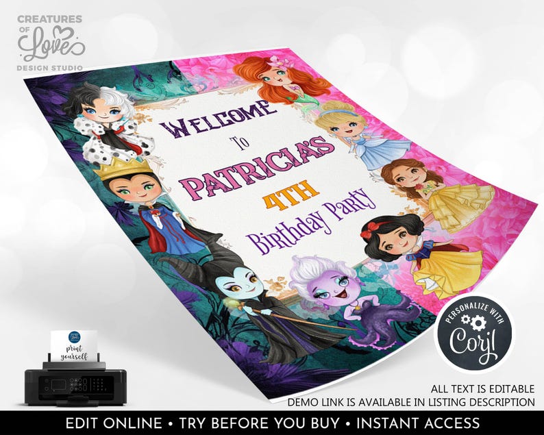 Princess Vs Villains Welcome Sign Editable Princess Witches Birthday ...
