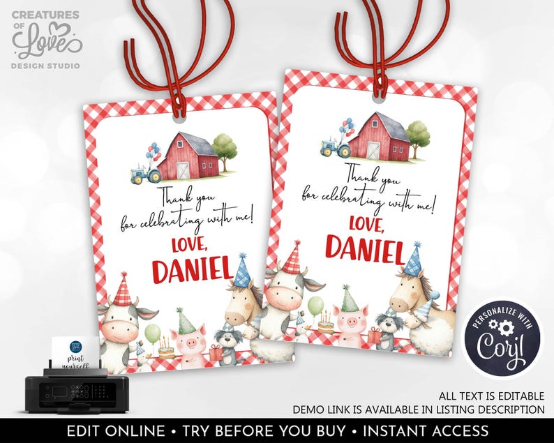 Editable Farm Favor Tag Barnyard Party Animals Red Barn Gingham Thank ...