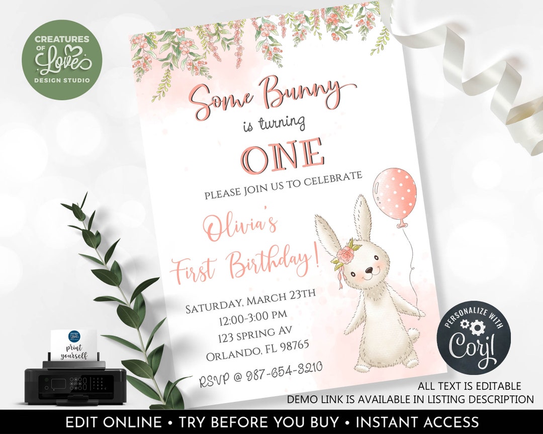 Some Bunny is One Invitation Editable Bunny First Birthday Party Invite ...
