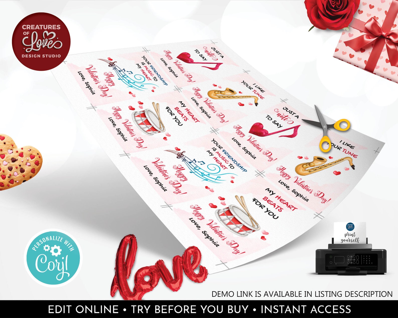 Editable Music Valentine's Day Cards Music Valentine's Gift Tags ...
