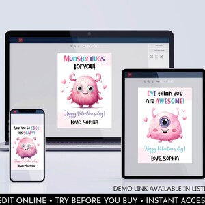 Editable Monster Valentine's Day Cards Monster Valentine Gift Tags ...