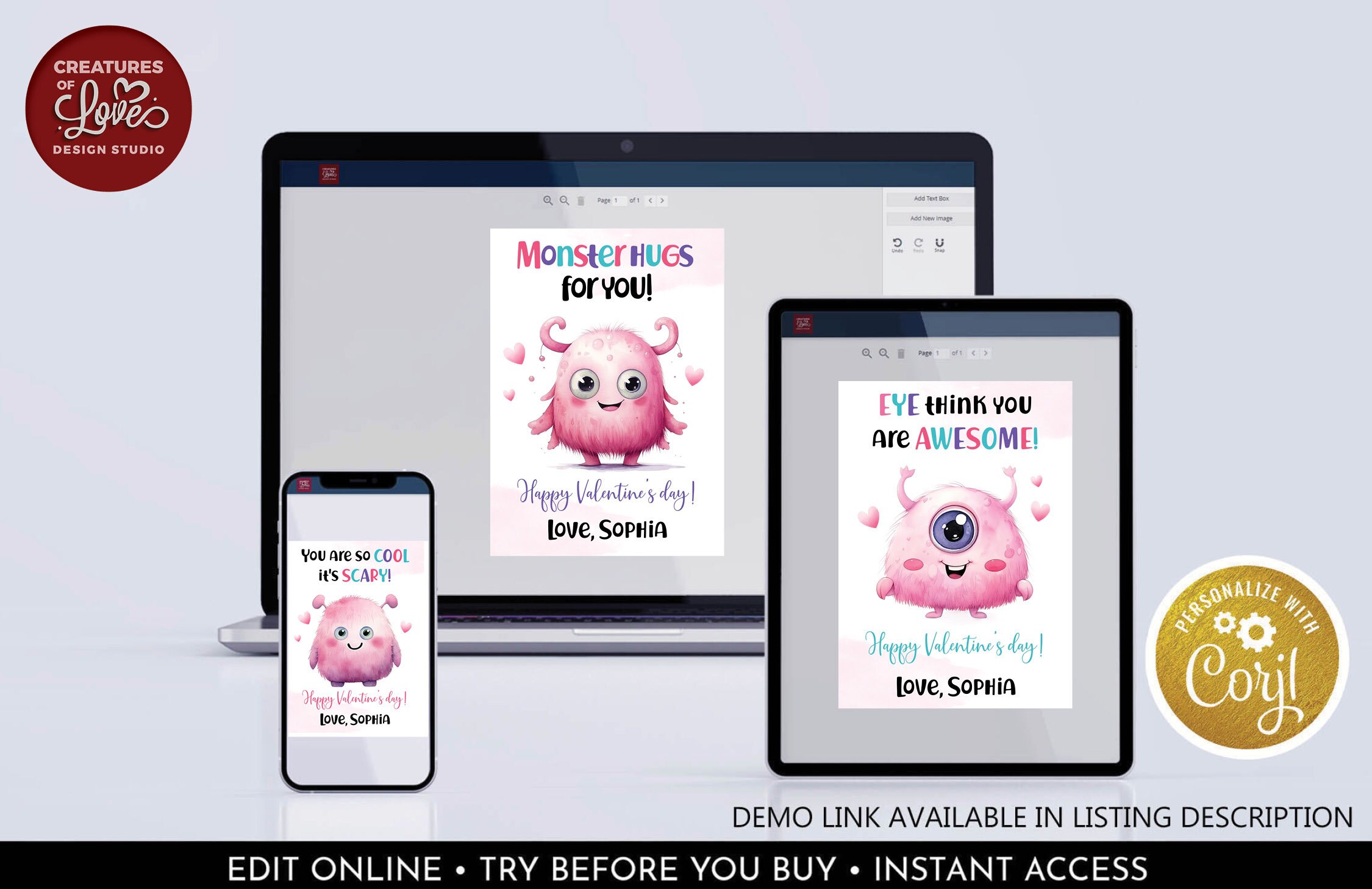 Editable Monster Valentine's Day Cards Monster Valentine Gift Tags ...