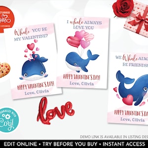 Editable Whale Valentine's Day Card Whale Always Be Friends Kids Cards ...