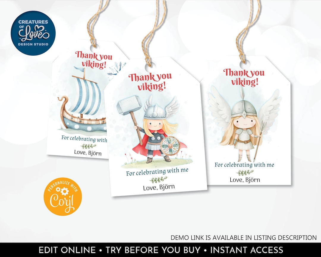 Editable Viking Thank You Tag Dragon Fantasy Gift Tags Nordic God Party ...