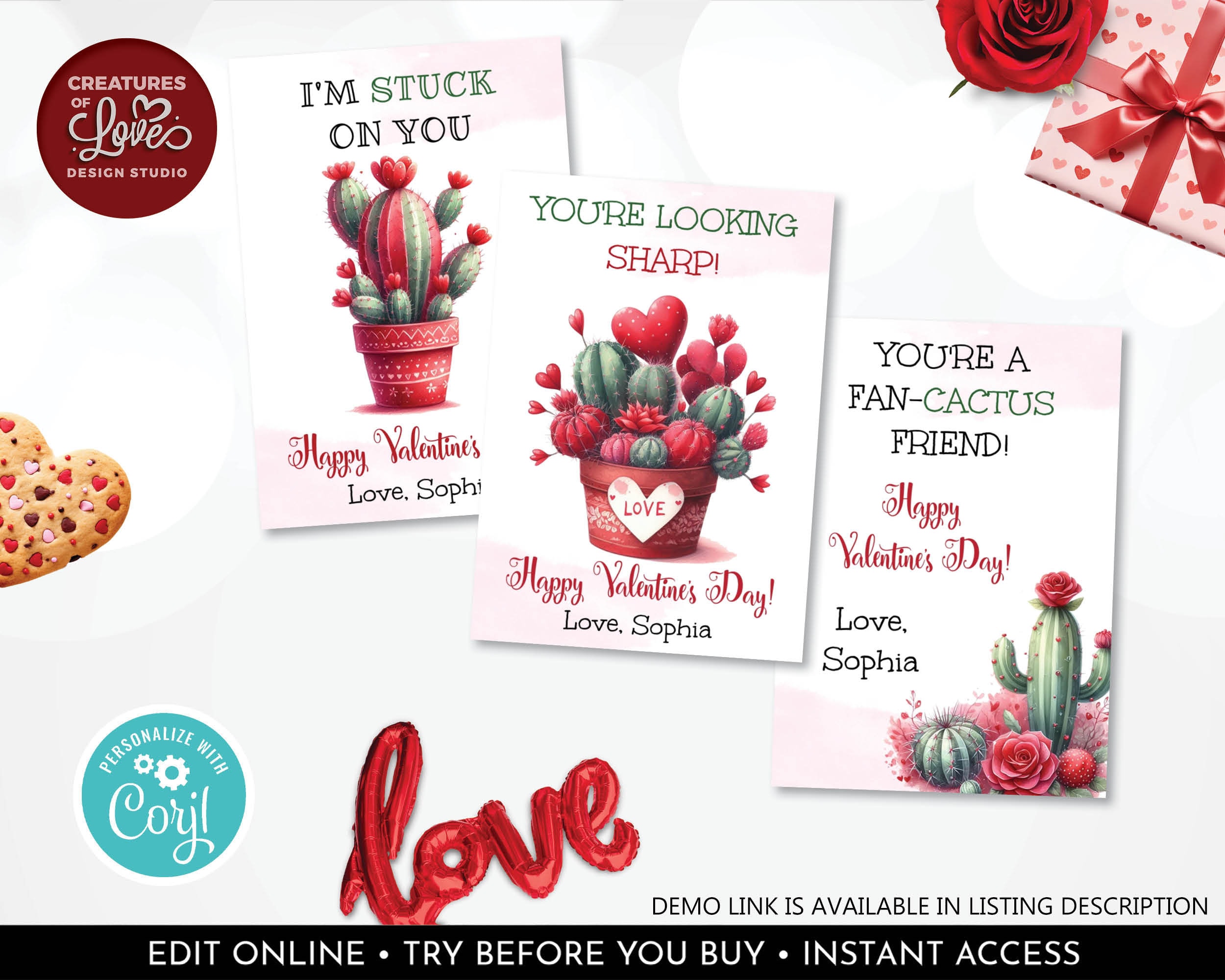 Editable Valentine's Day Cards Cactus Valentines Card School Kids Cards ...