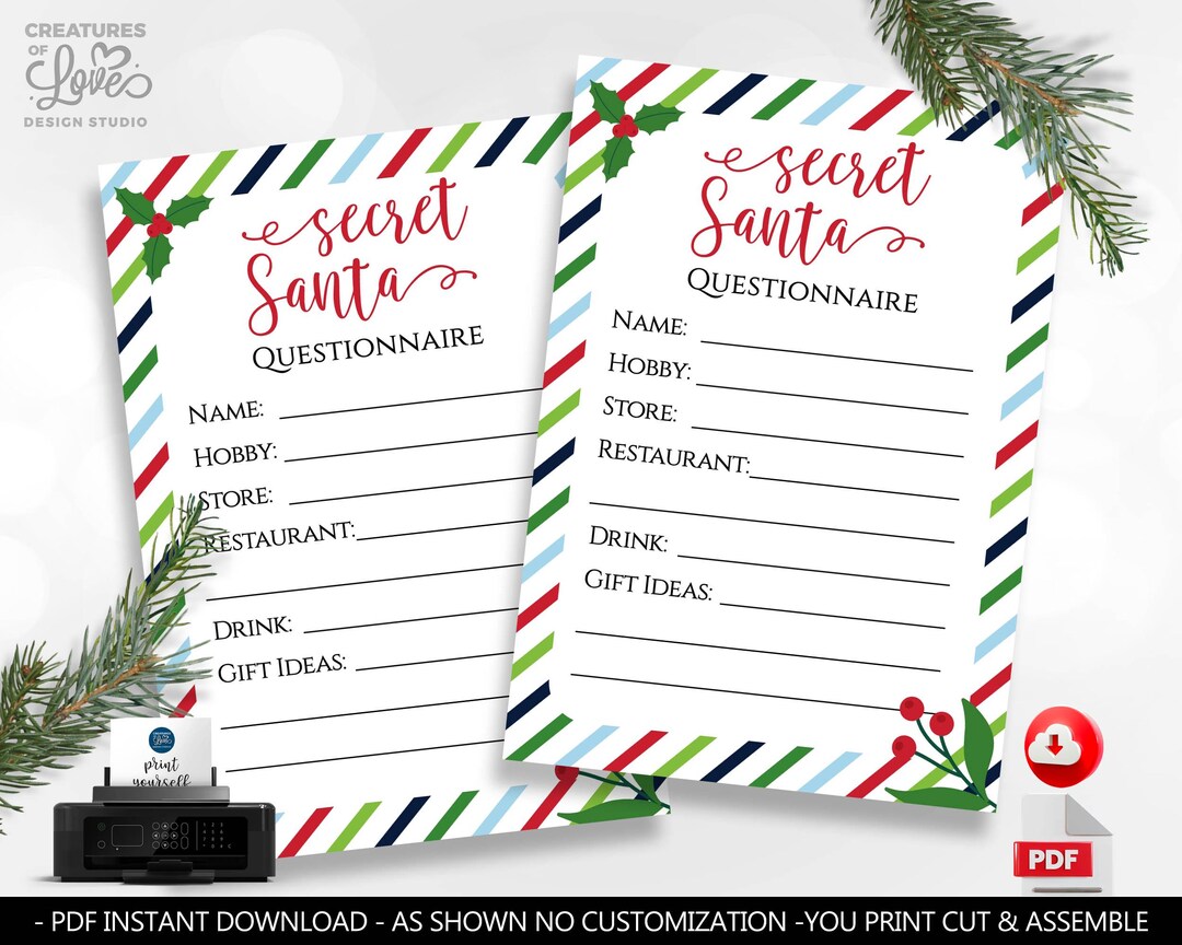 Secret Santa Questionnaire Card Secret Santa Gift Exchange Holiday ...