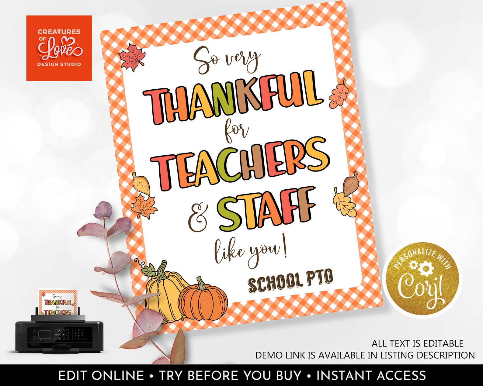 Editable Thanksgiving Teacher Appreciation Sign Fall Thankful Teachers ...