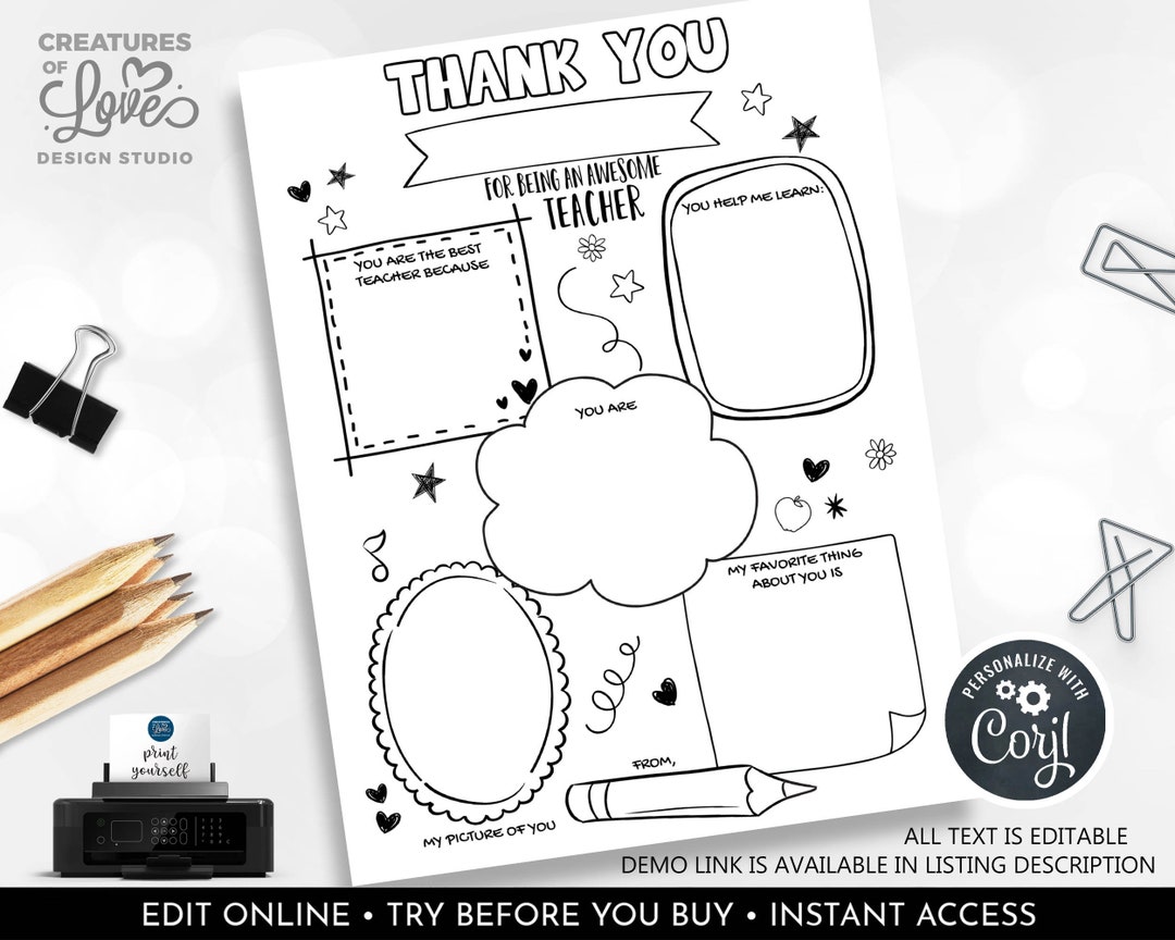 Editable Teachers Appreciation Coloring Page Thank You Teacher Gifts ...