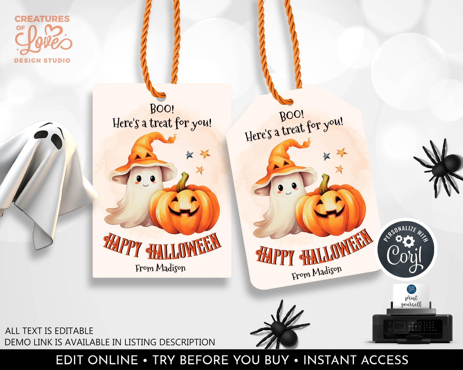 Editable Halloween Favor Tags Boo Gift Tag Costume Party Trick or Treat ...