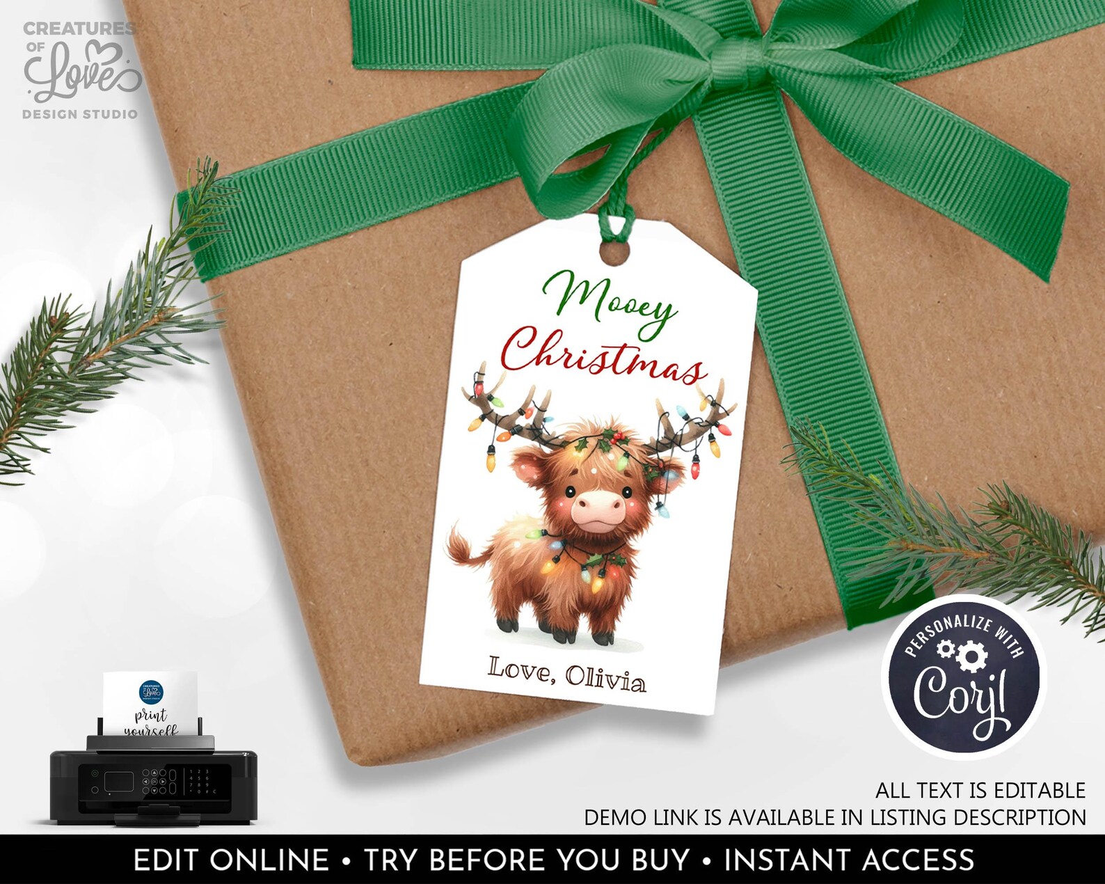 Editable Mooey Christmas Tag Highland Cow Christmas Gift Tag Holiday ...