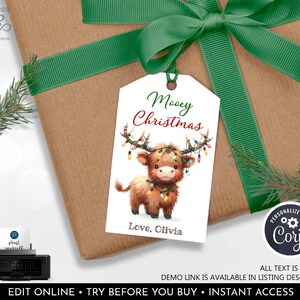 Editable Mooey Christmas Tag Highland Cow Christmas Gift Tag Holiday ...