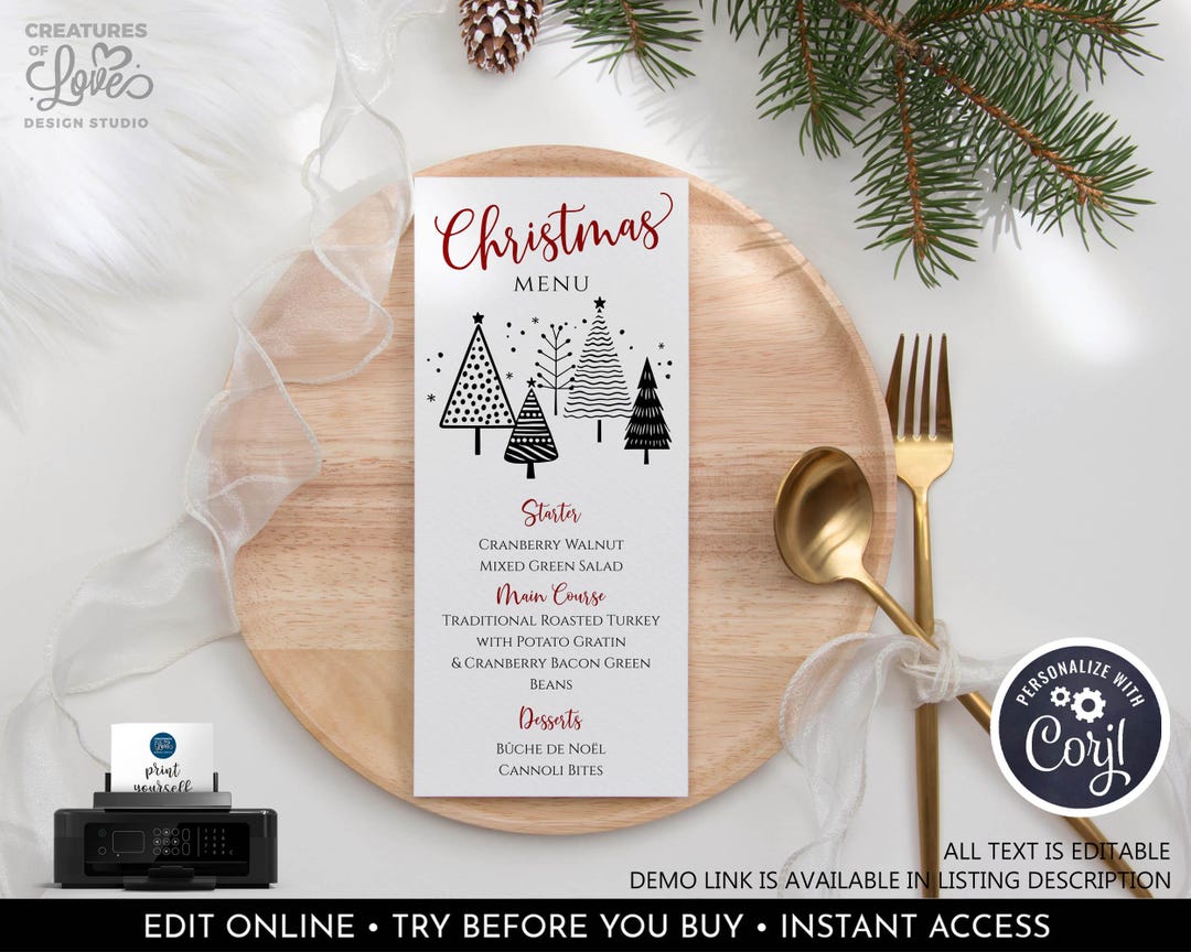 Editable Christmas Menu Holiday Dinner Party Menu Christmas Menu Card ...