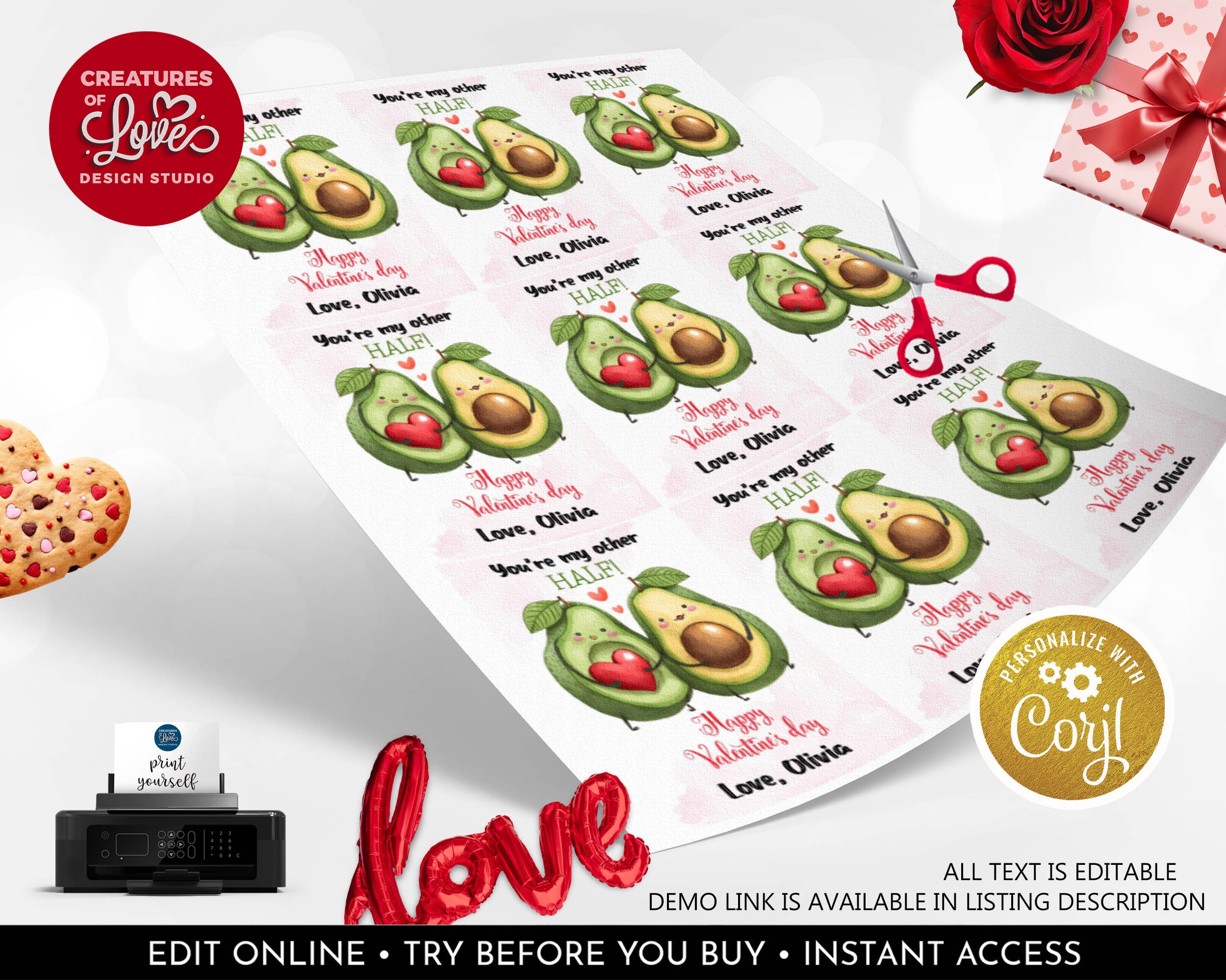 Editable Valentines Day Card Cute Avocado Valentine's Day Kids Cards ...