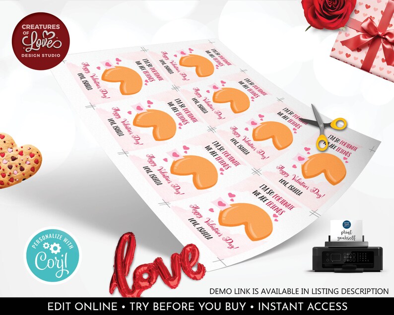 Editable Fortune Cookie Valentine's Day Cards Valentines Day Tags ...