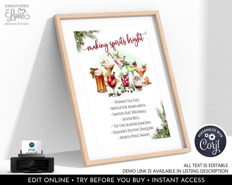 Editable Christmas Cocktail Menu Making Spirits Bright Drinks Sign ...