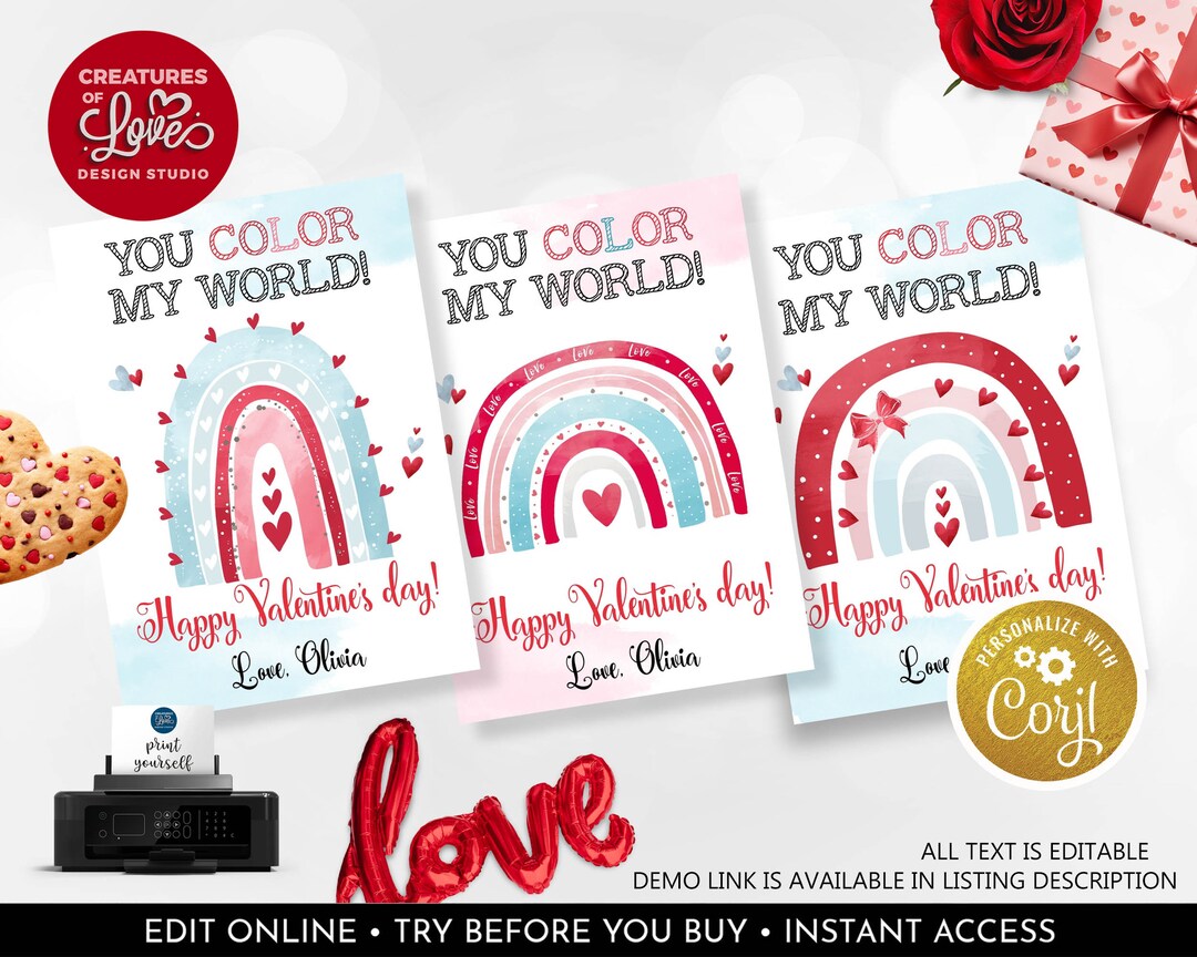 Editable Rainbow Valentine's Day Card You Color My World Kids Cards ...