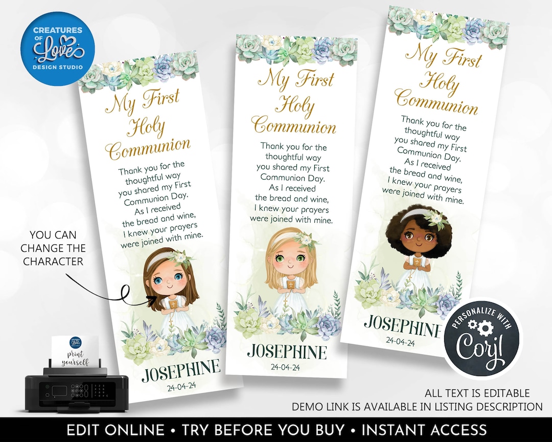Editable First Holy Communion Bookmarks Template Girl First Communion ...