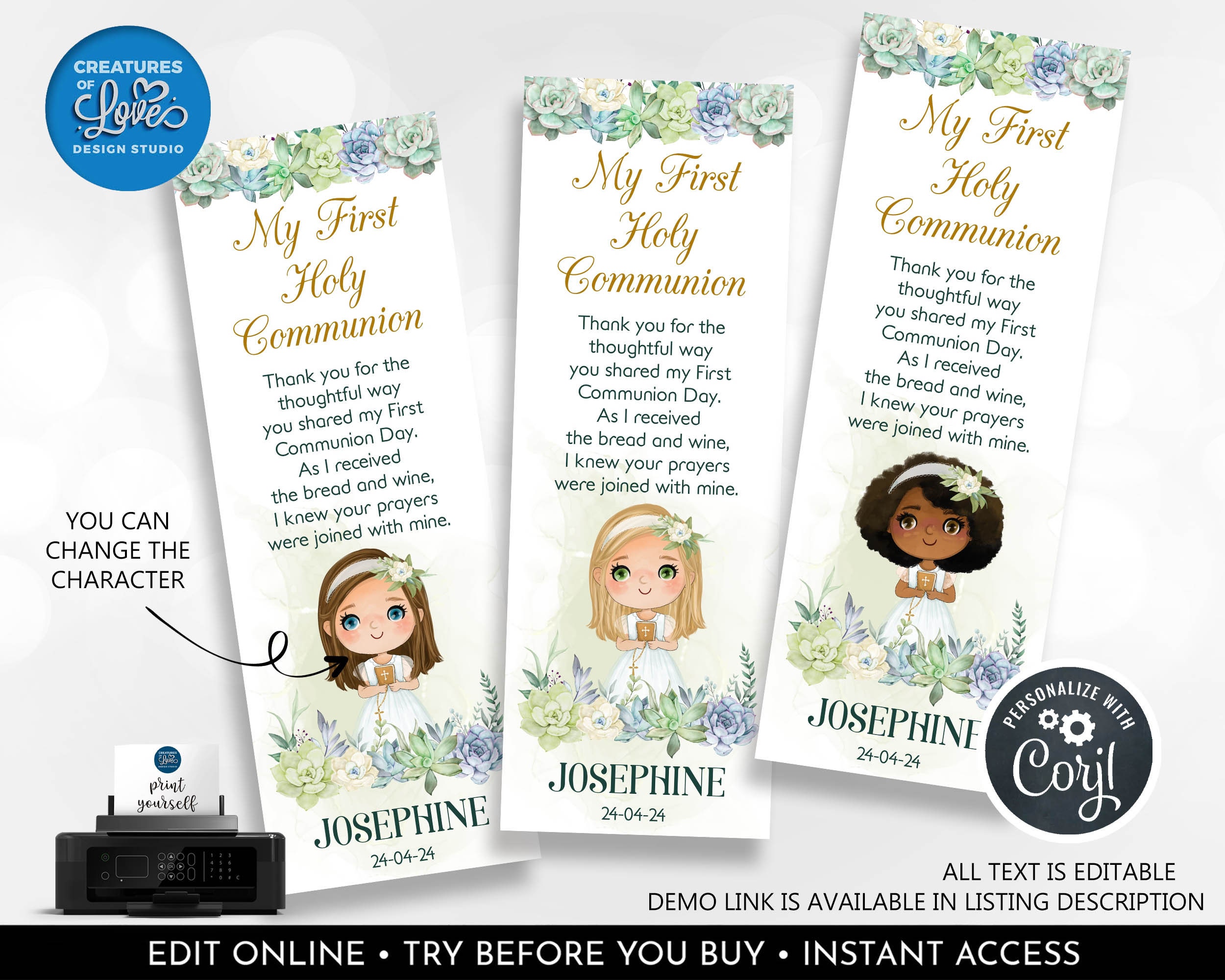 Editable First Holy Communion Bookmarks Template Girl First Communion ...