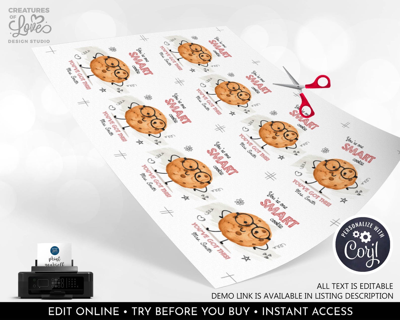 Good Luck Test Day Snack Tag Editable One Smart Cookie Test Tag ...