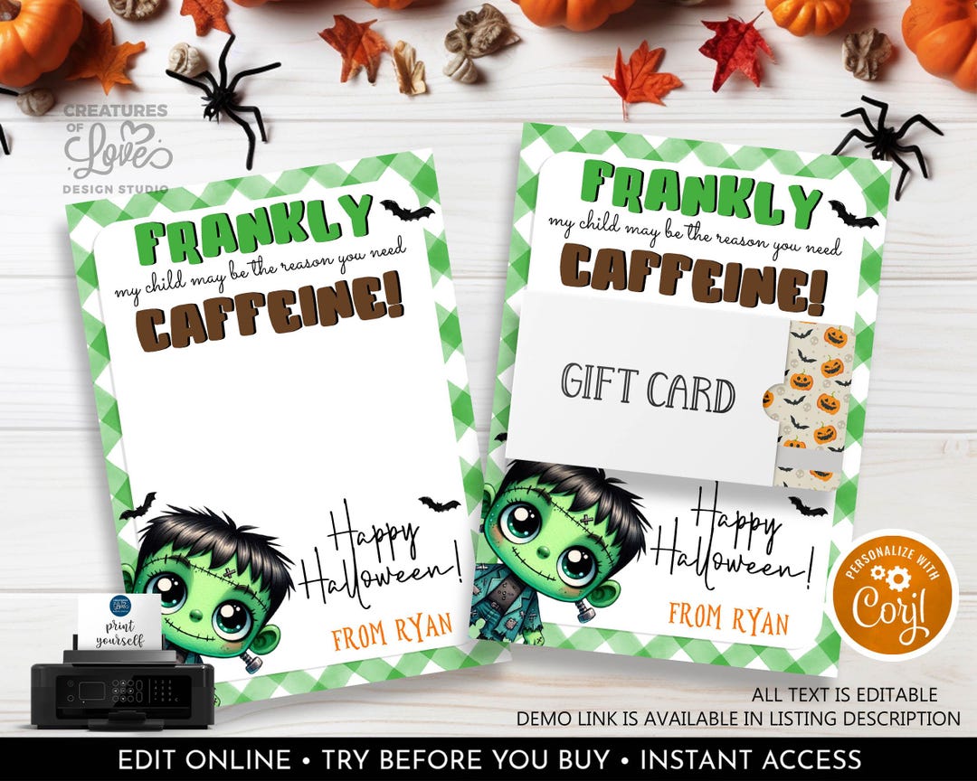 Editable Halloween Coffee Card Holder Funny Halloween Monster ...