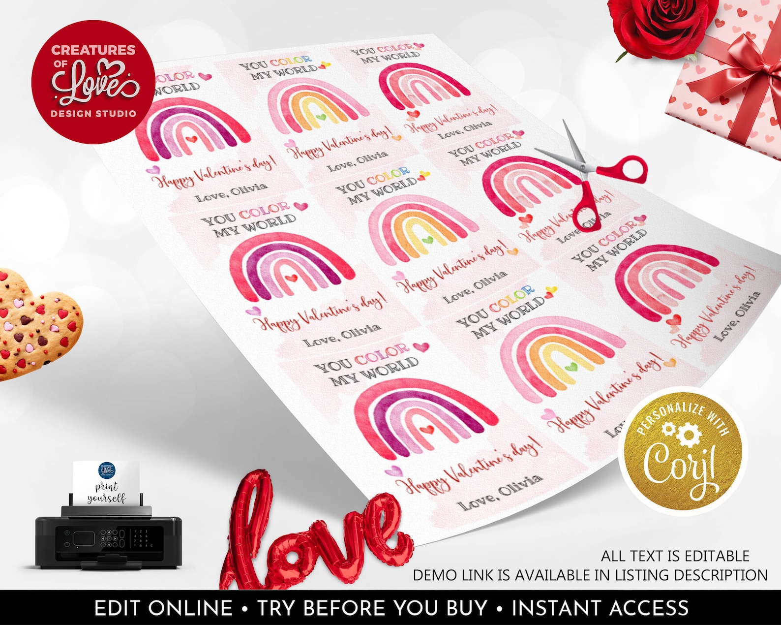 Editable Rainbow Valentine's Day Card You Color My World Kids Cards ...