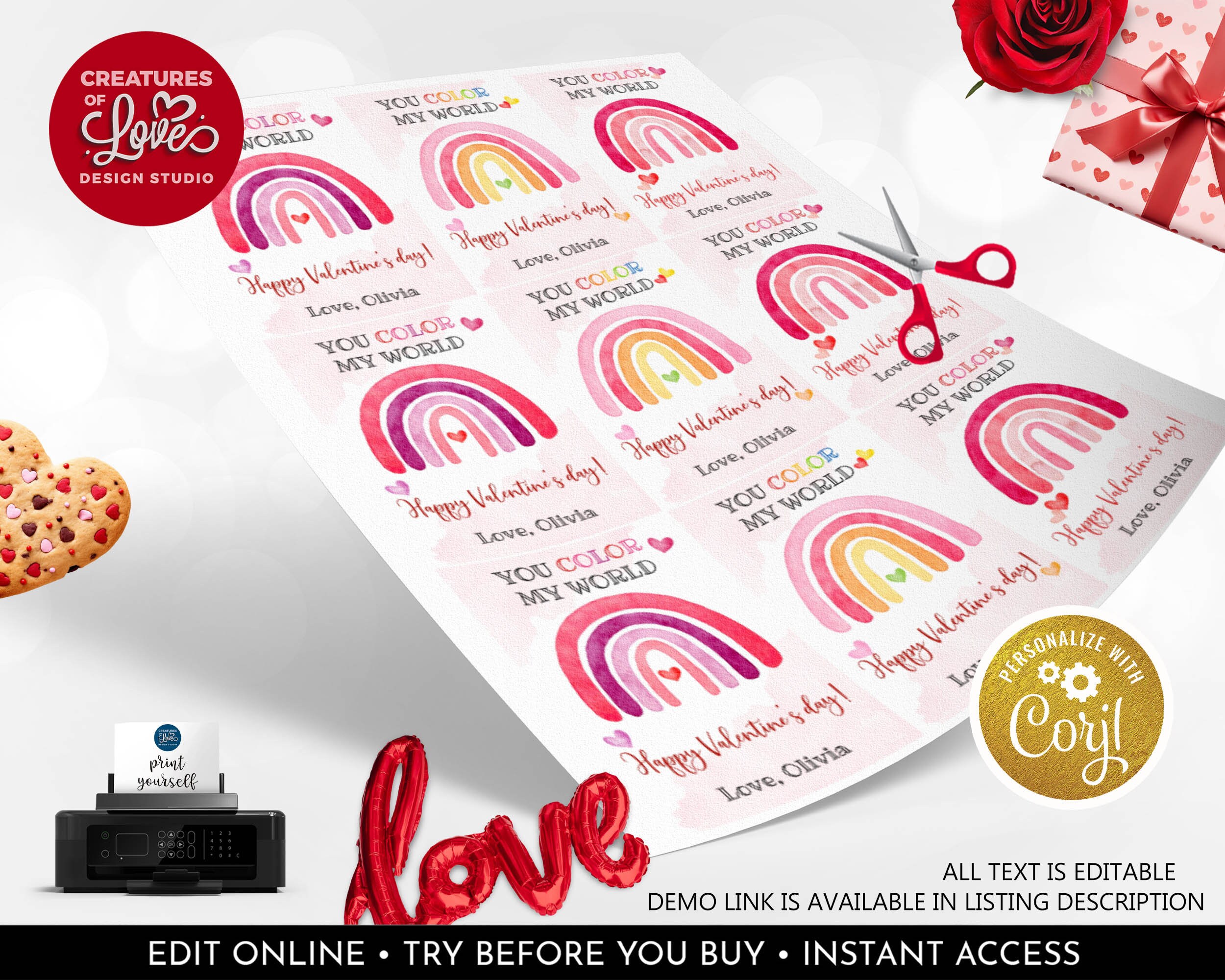 Editable Rainbow Valentine's Day Card You Color My World Kids Cards ...
