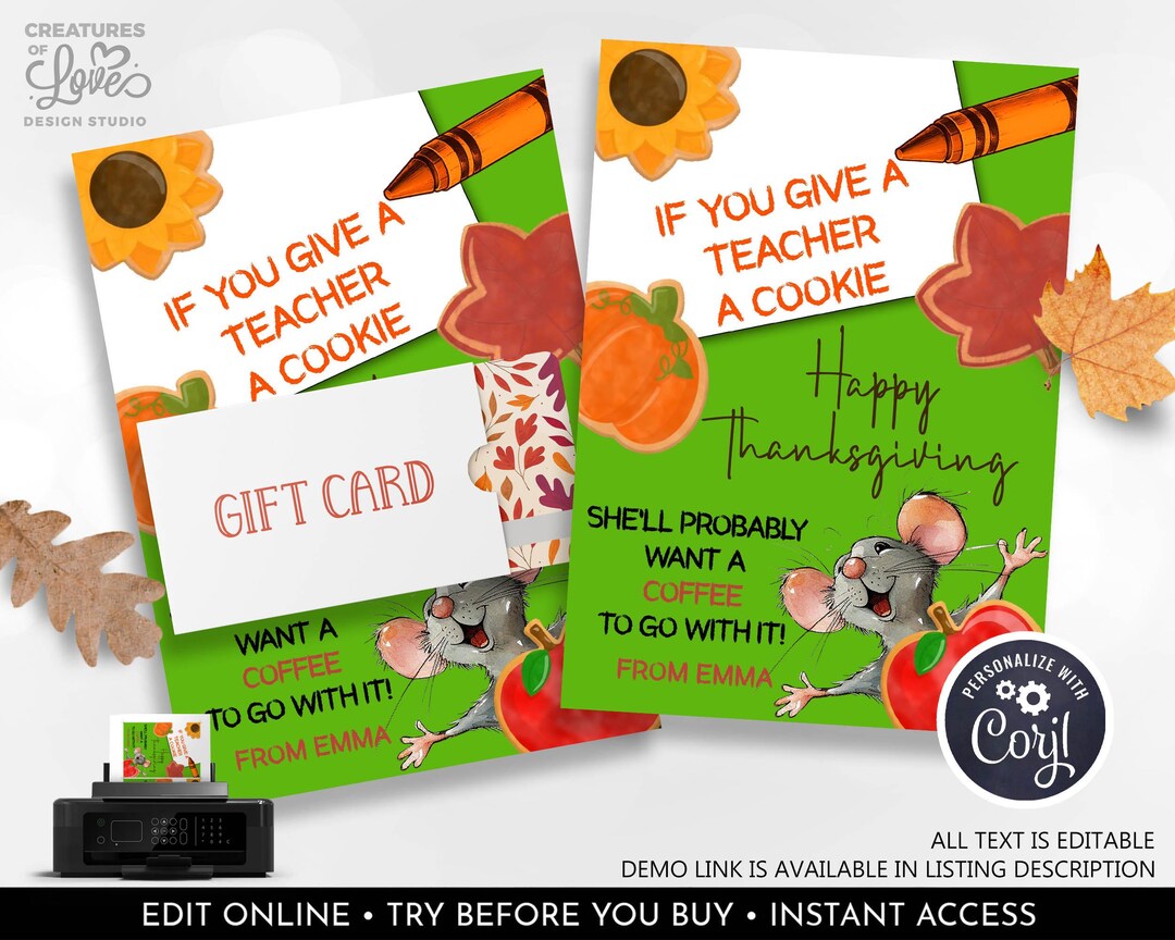 Editable Teacher Appreciation Gift Card Holder Thanksgiving School ...