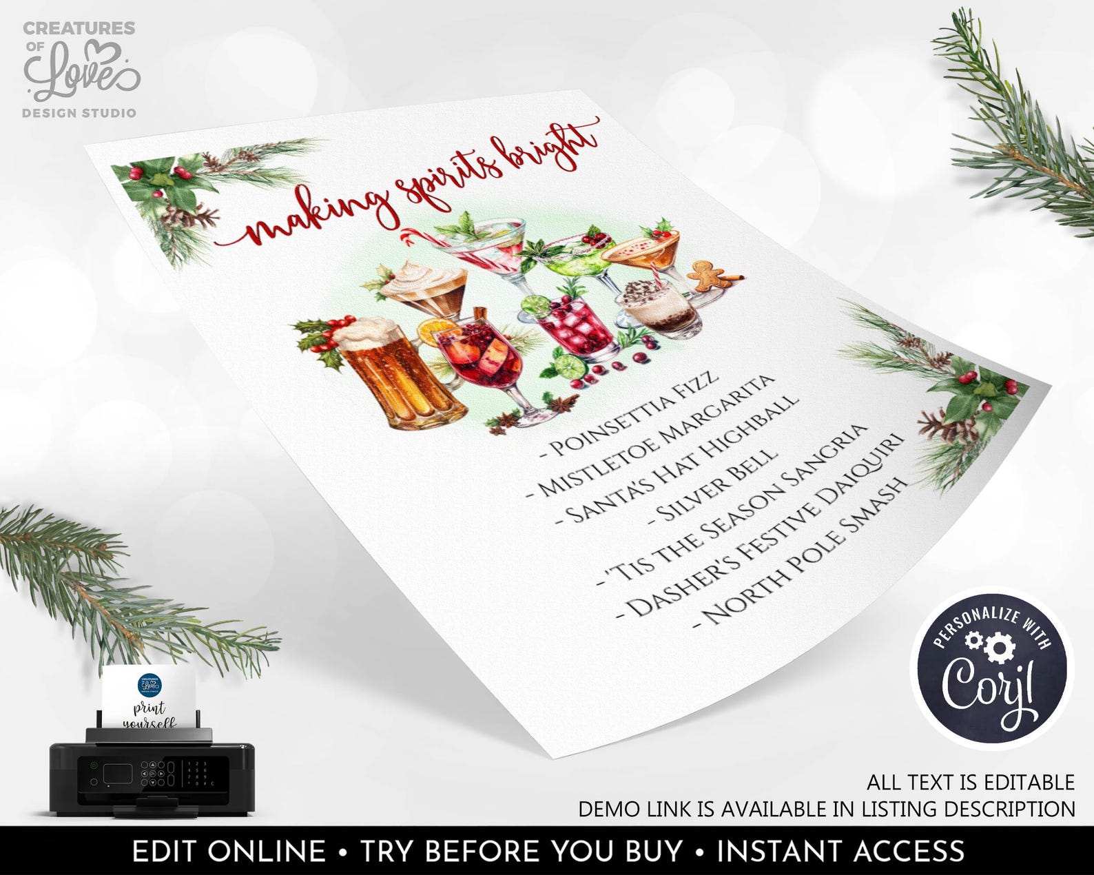 Editable Christmas Cocktail Menu Making Spirits Bright Drinks Sign ...