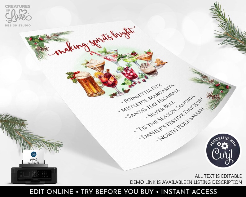 Editable Christmas Cocktail Menu Making Spirits Bright Drinks Sign ...