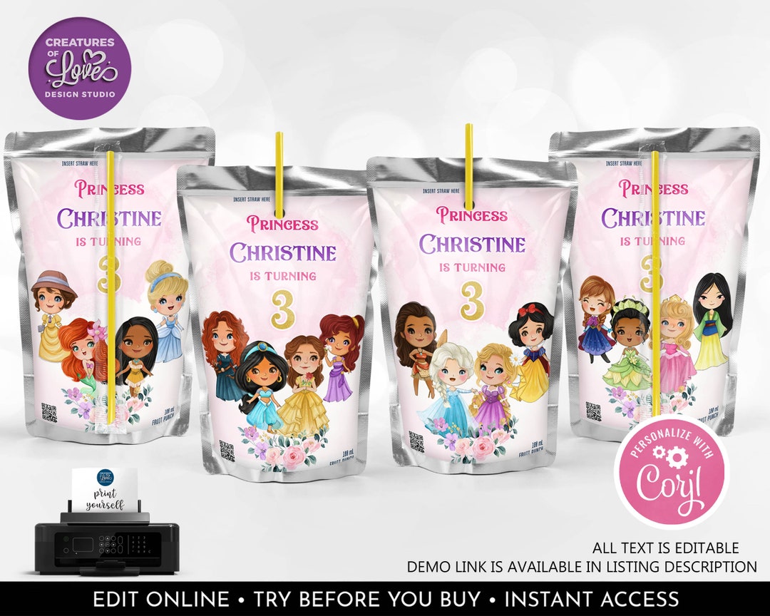 Editable Princess Juice Pouch Label Princess Birthday Party Favors ...