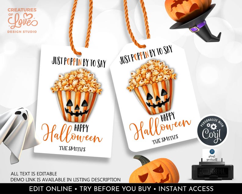 EDITABLE Halloween Gift Tags Halloween Popcorn Gift Tag Halloween ...