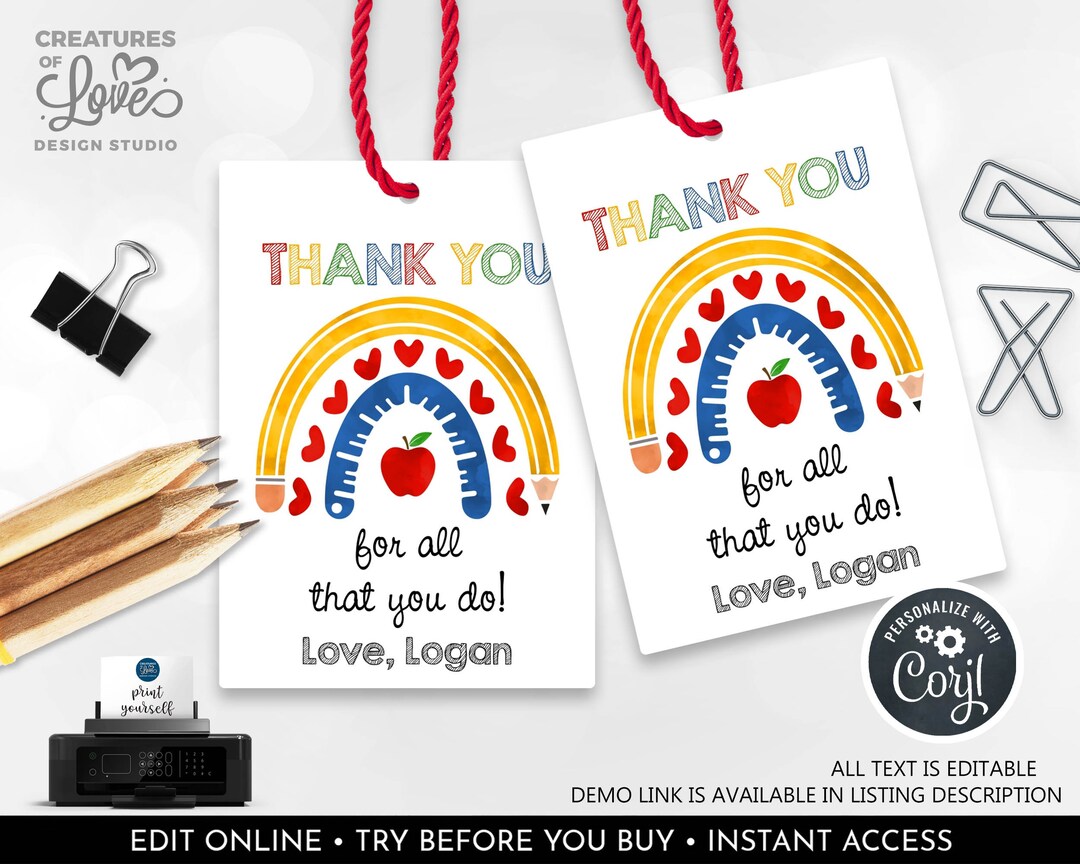 EDITABLE Teacher Appreciation Gift Tag Rainbow Gift Tag School Employee ...