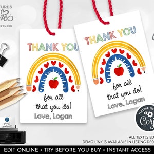 EDITABLE Teacher Appreciation Gift Tag Rainbow Gift Tag School Employee ...