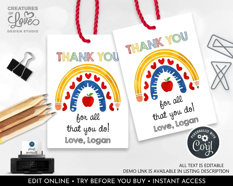EDITABLE Teacher Appreciation Gift Tag Rainbow Gift Tag School Employee ...
